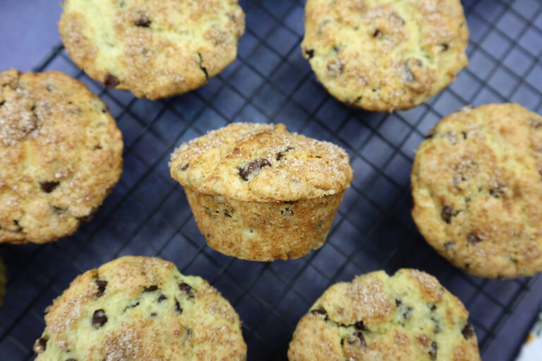 Chocolate Chip Muffins with Sugar Tops - The Freckled Cook